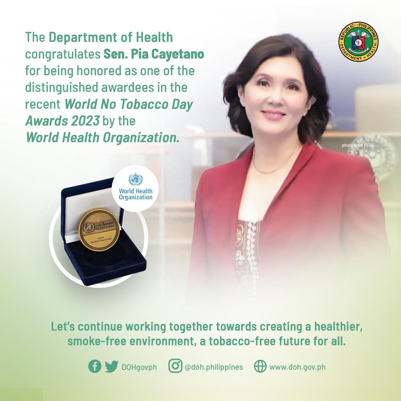 Senator Pia Cayetano received award from World Health Organization on ...